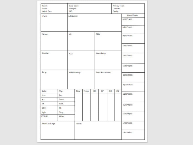 Telemetry/medical Surgical Report Sheet for Nurses Nursing Report Sheet ...