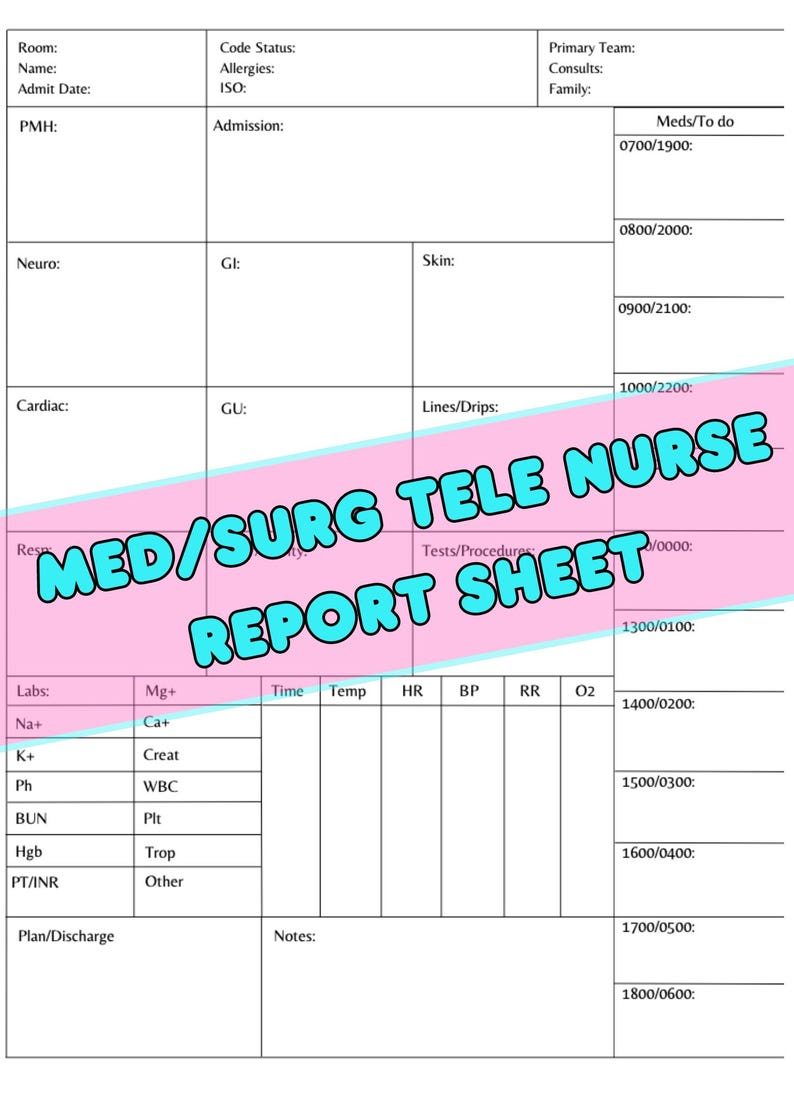 Telemetry/med Surg Nurse Report Sheet - Etsy