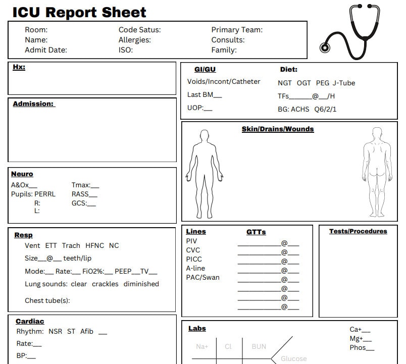 ICU RN Report Sheet | Intensive Care Report Sheet for Nurses | Digital ...