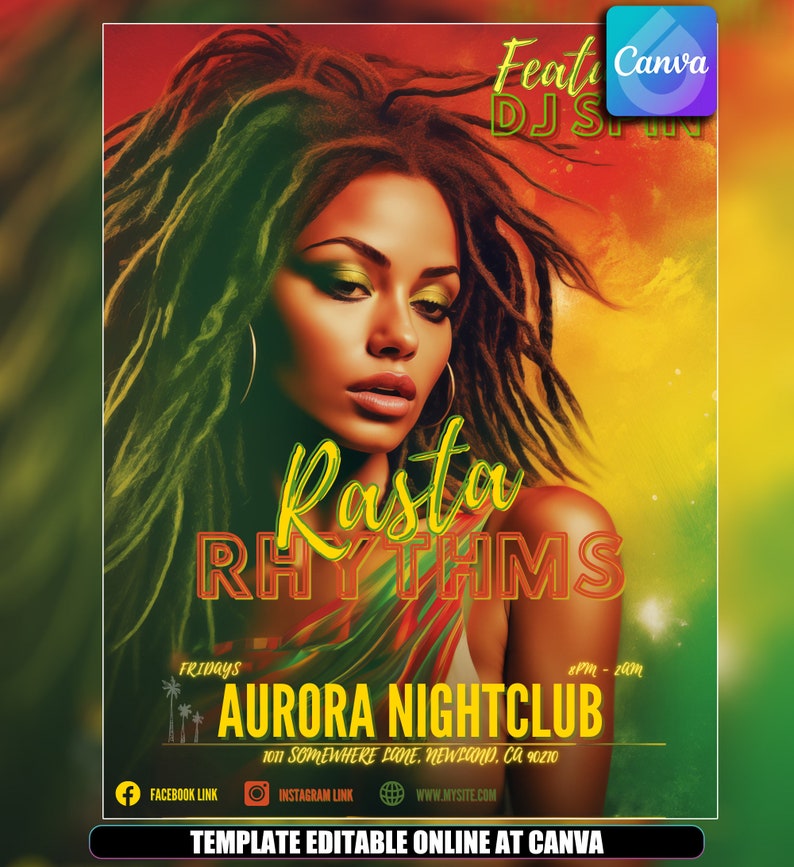Editable Club Flyer Canva Template - Vibrant Rasta Rhythms Night Event ...