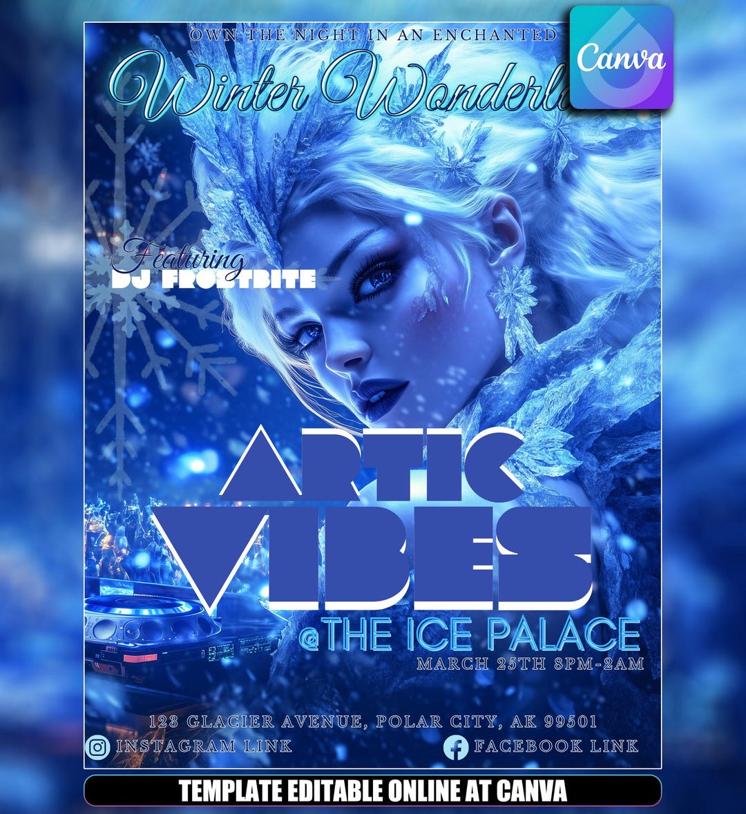 Editable Club Flyer Canva Template - Arctic Vibes Winter Wonderland ...