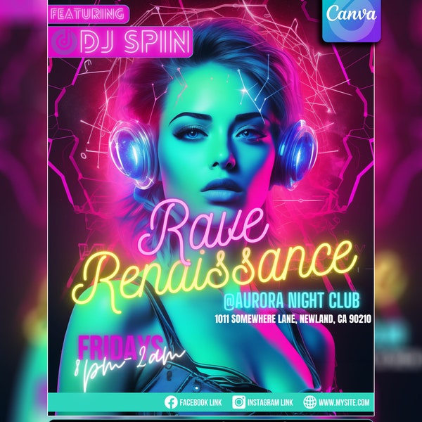 Editable Club Flyer Canva Template Neon Beach Party - Etsy