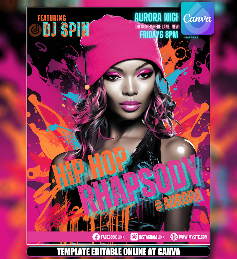 Editable Club Flyer Canva Template - Vibrant Hip Hop Rhapsody Night ...