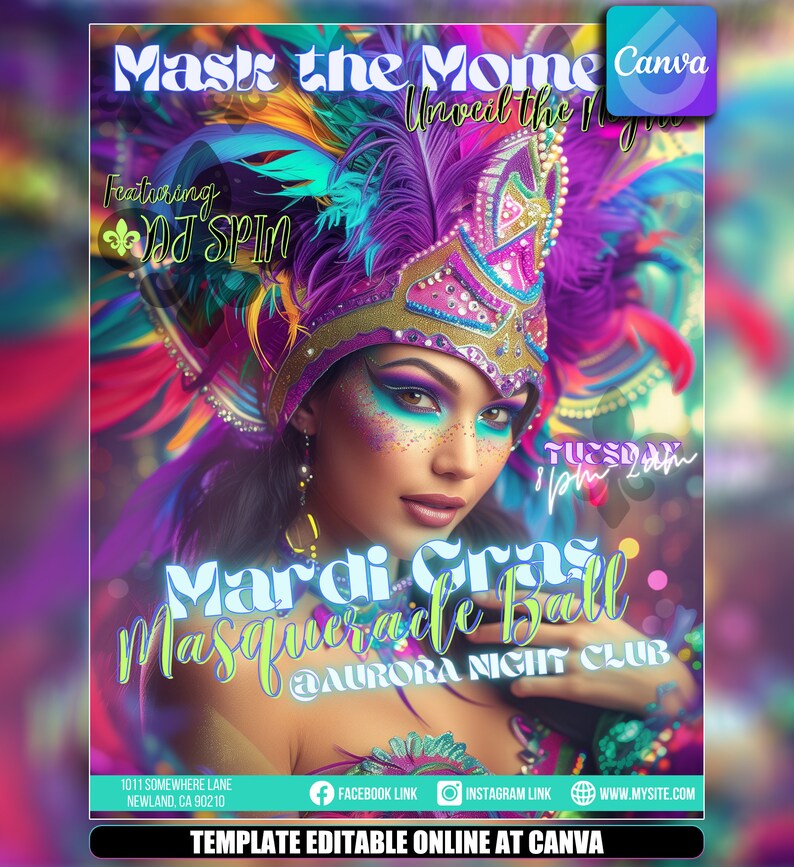Editable Club Flyer Canva Template - Mardi Gras Masquerade Ball - Etsy