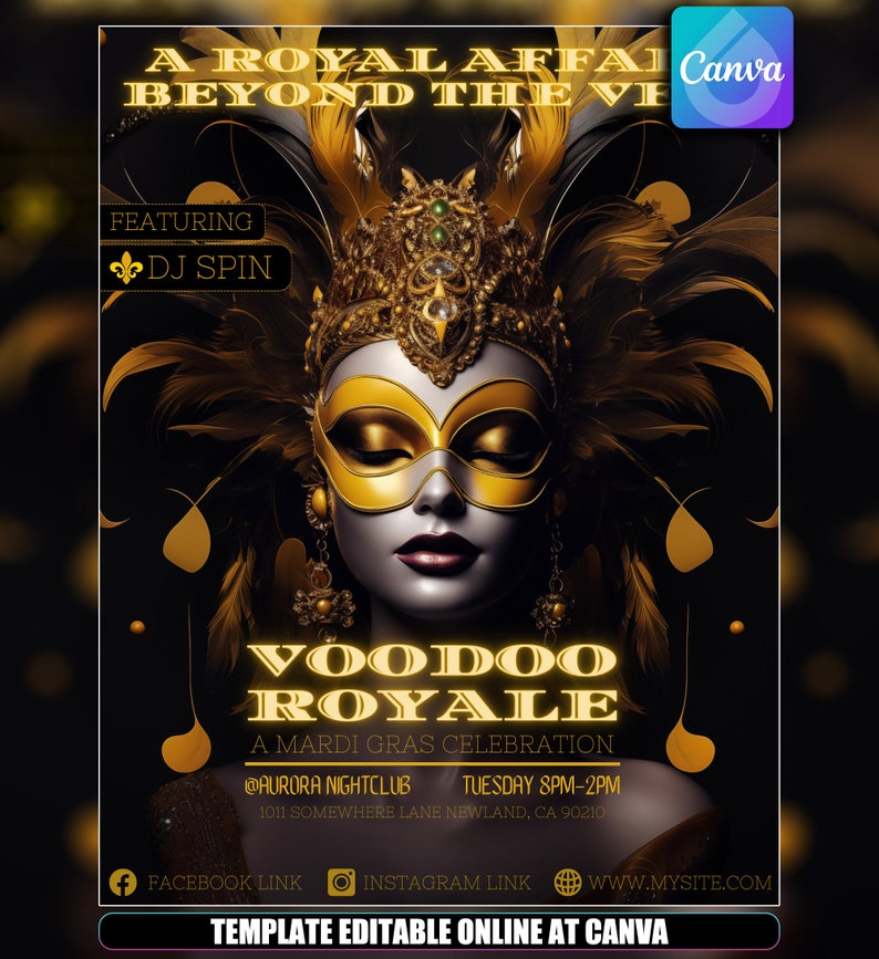 Editable Club Flyer Canva Template - Mardi Gras Voodoo Royale - Etsy