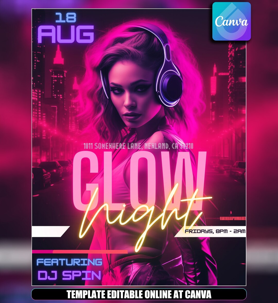 Editable Club Flyer Canva Template - Neon Glow Night Party Flyer - Etsy