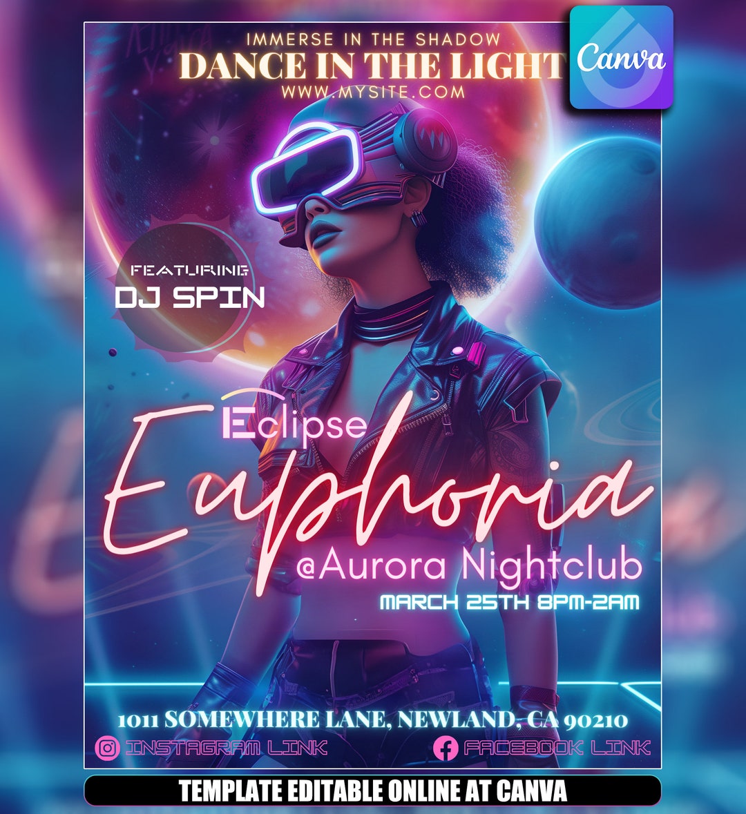Editable Club Flyer Canva Template - Eclipse Euphoria - Lunar Eclipse ...