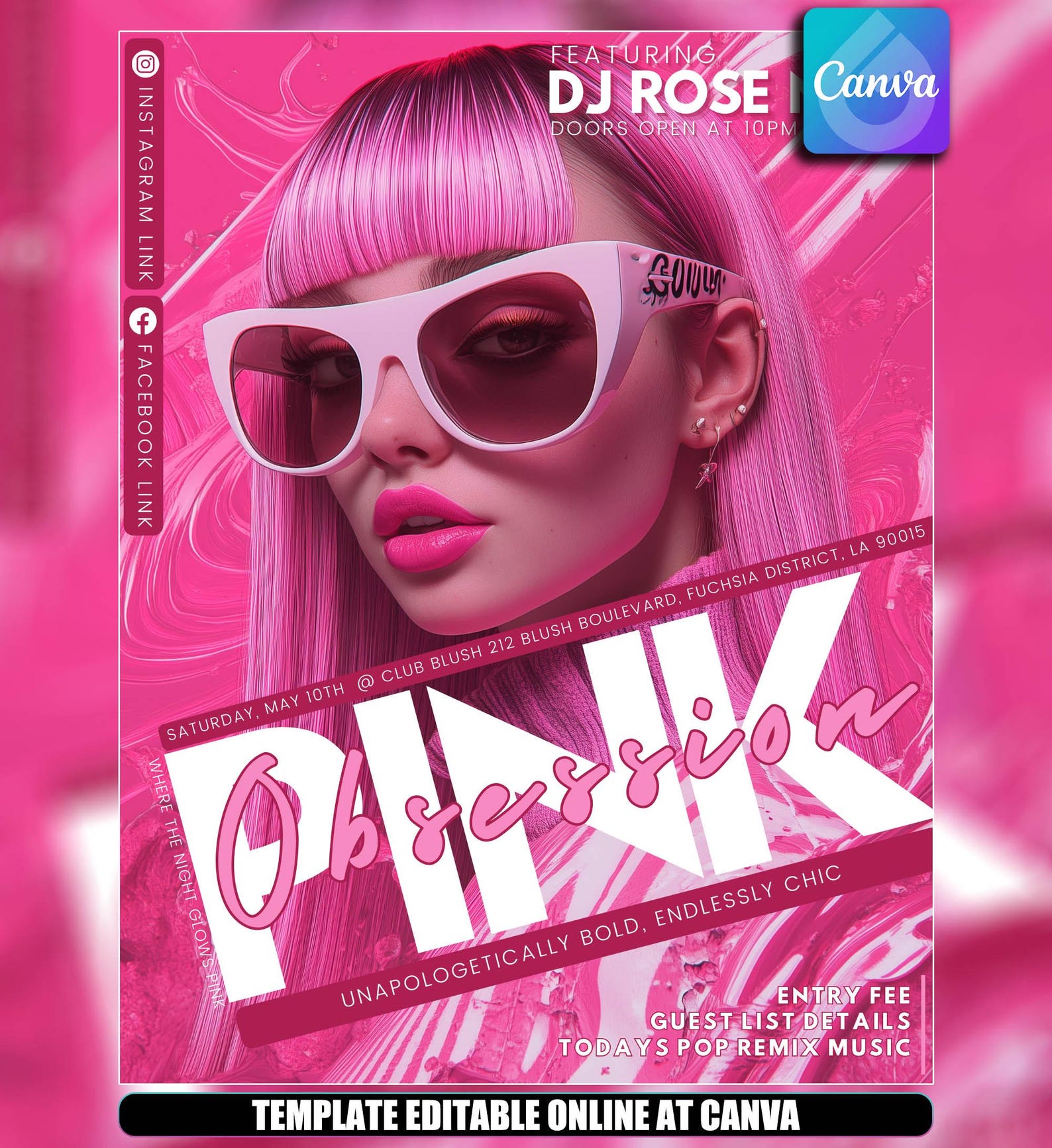 Editable Club Flyer Canva Template - Pink Obsession Party - Etsy