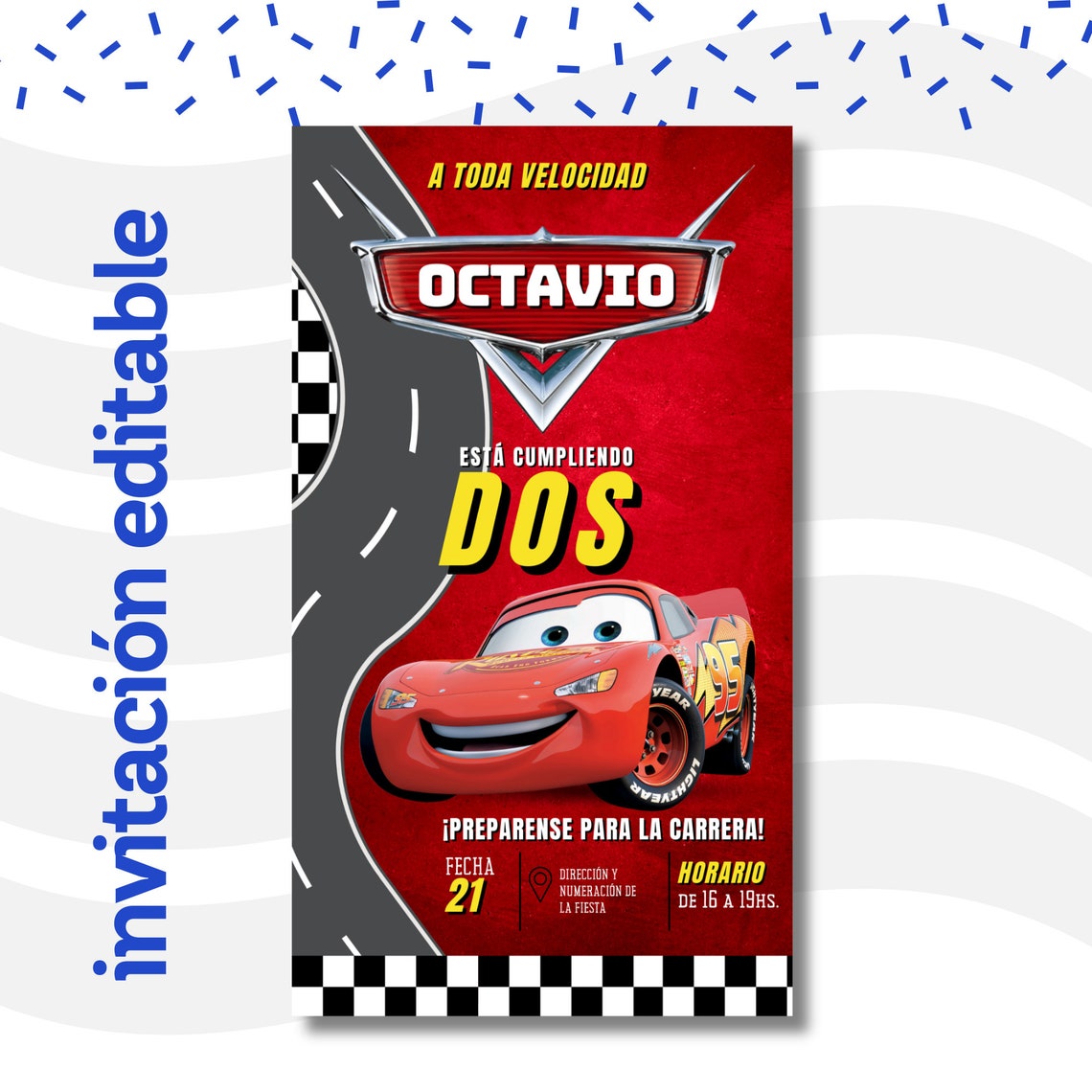 Invitación de cumpleaños de Cars, invitación de Rayo McQueen ...