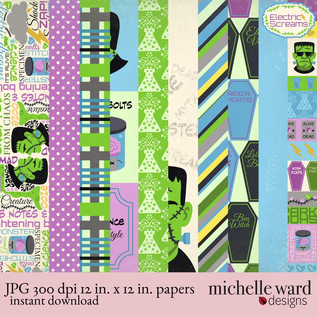 Frankenstein Halloween Digital Scrapbook Paper Bundle, Spooky Season ...
