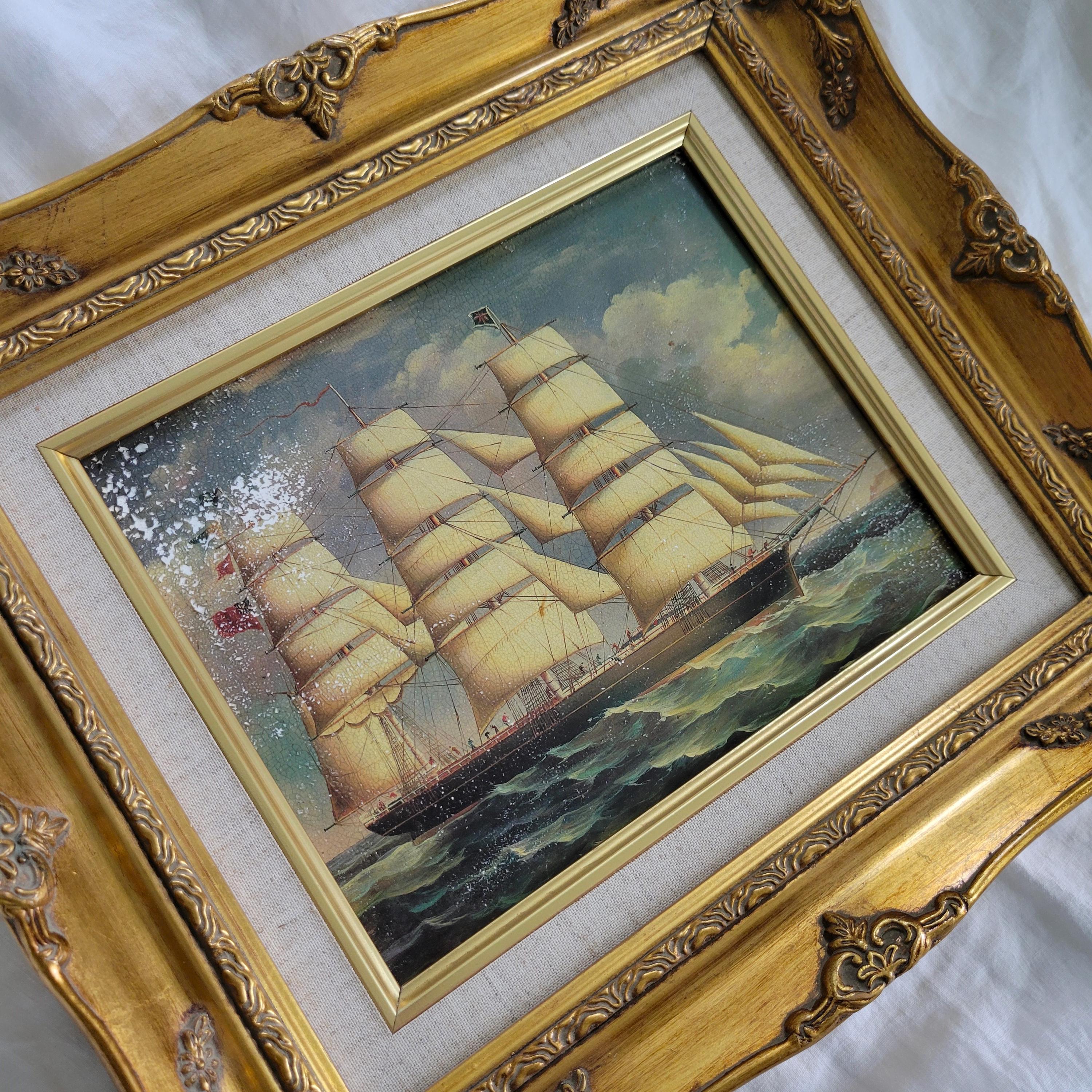 Vintage Shabby Nautical Sailboat Seascape Print on Hardboard Framed in ...