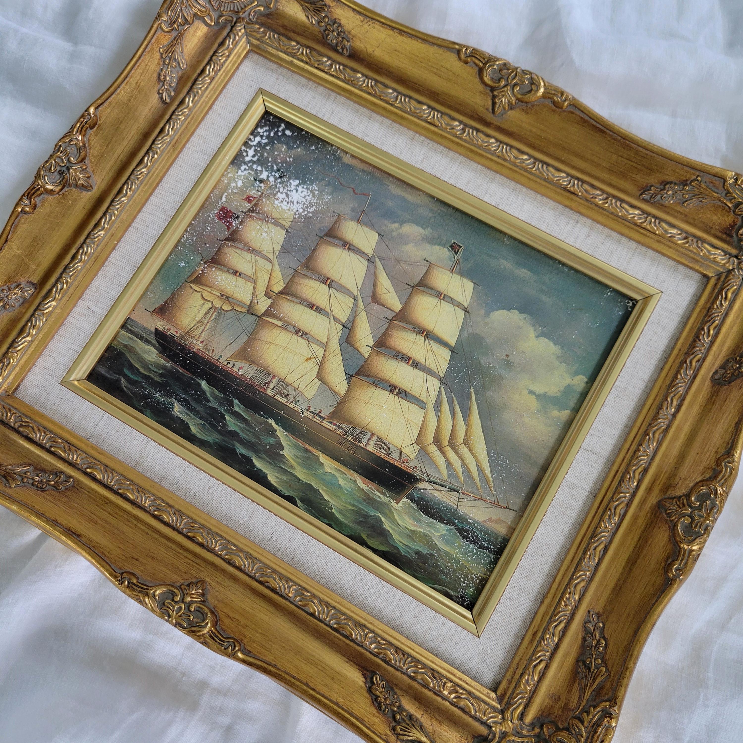 Vintage Shabby Nautical Sailboat Seascape Print on Hardboard Framed in ...