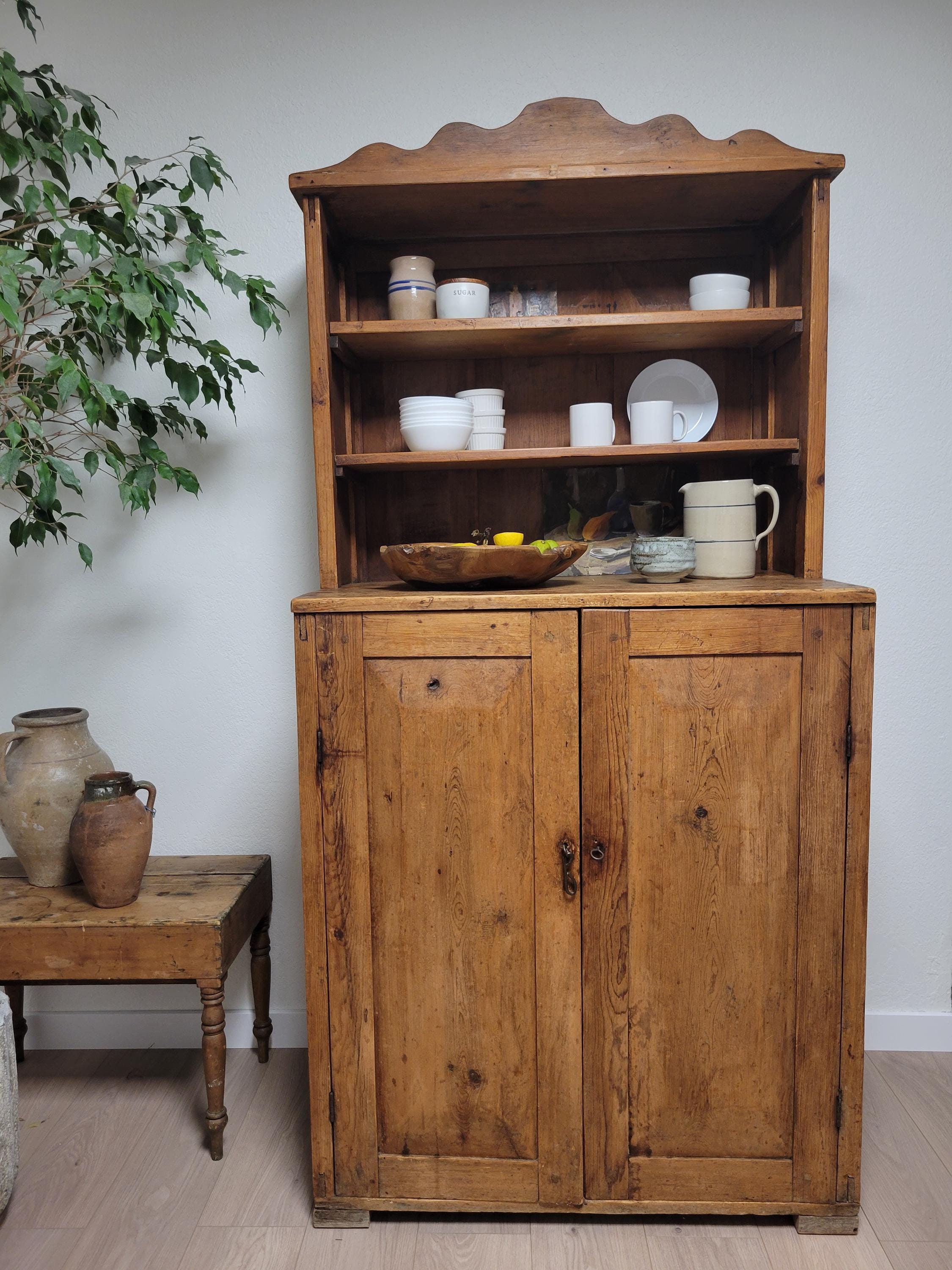 Antique Primitive 1800s Solid Wood Handmade Pine Kitchen Hutch China Cabinet With Scalloped Detail on Top Etsy