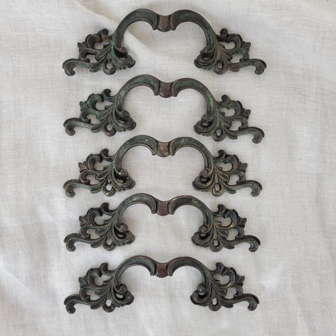 Antique Brass Leaf Drawer Pulls - French Provincial Hardware - Set of 5 ...