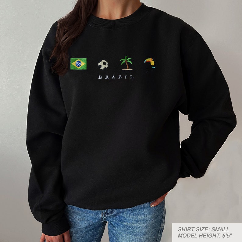 Brazil Embroidered Sweatshirt, Black, Crewneck, Flag, Soccer, Beach ...
