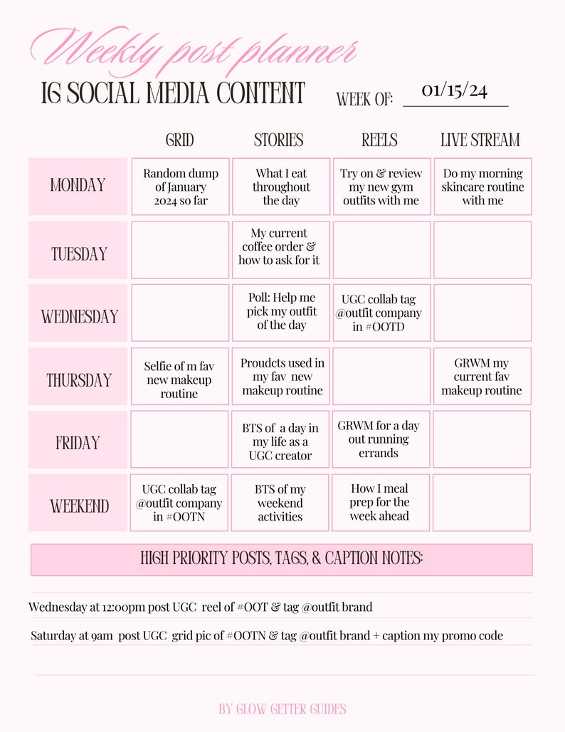 Social Media Content Calendar & Planner Weekly Daily Instagram Posting ...