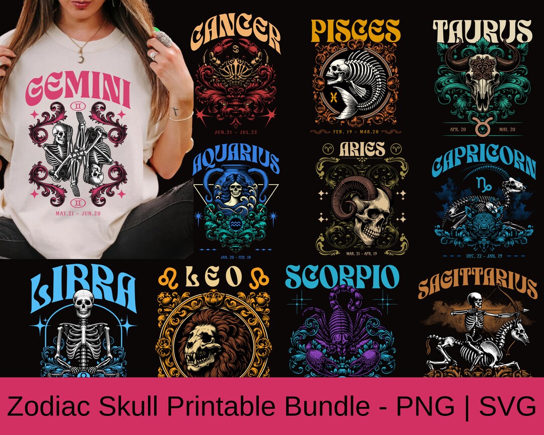 Zodiac Skeleton Skull Bundle - Horoscope PNG SVG - Zodiac Printable ...
