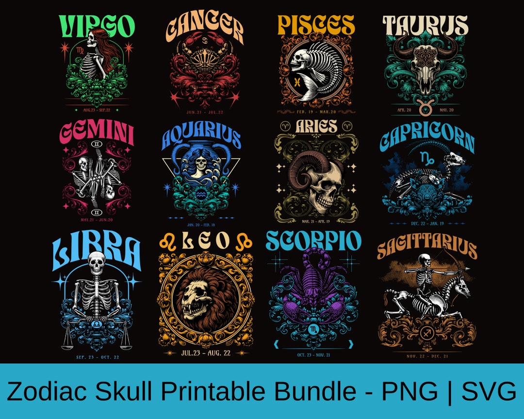 Zodiac Skeleton Skull Bundle - Horoscope PNG SVG - Zodiac Printable ...