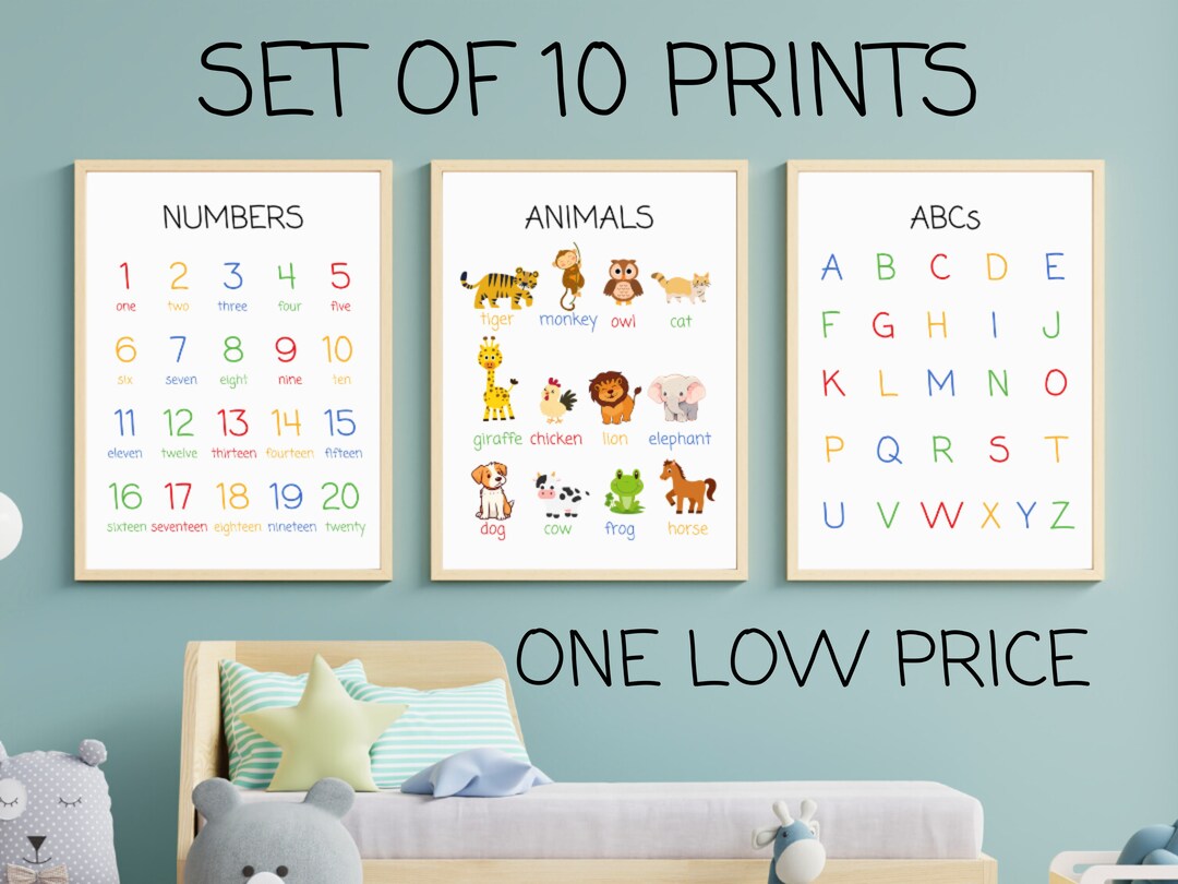 Set of 10 Educational Wall Art, Kids Wall Art, Nursery Decor, Classroom ...