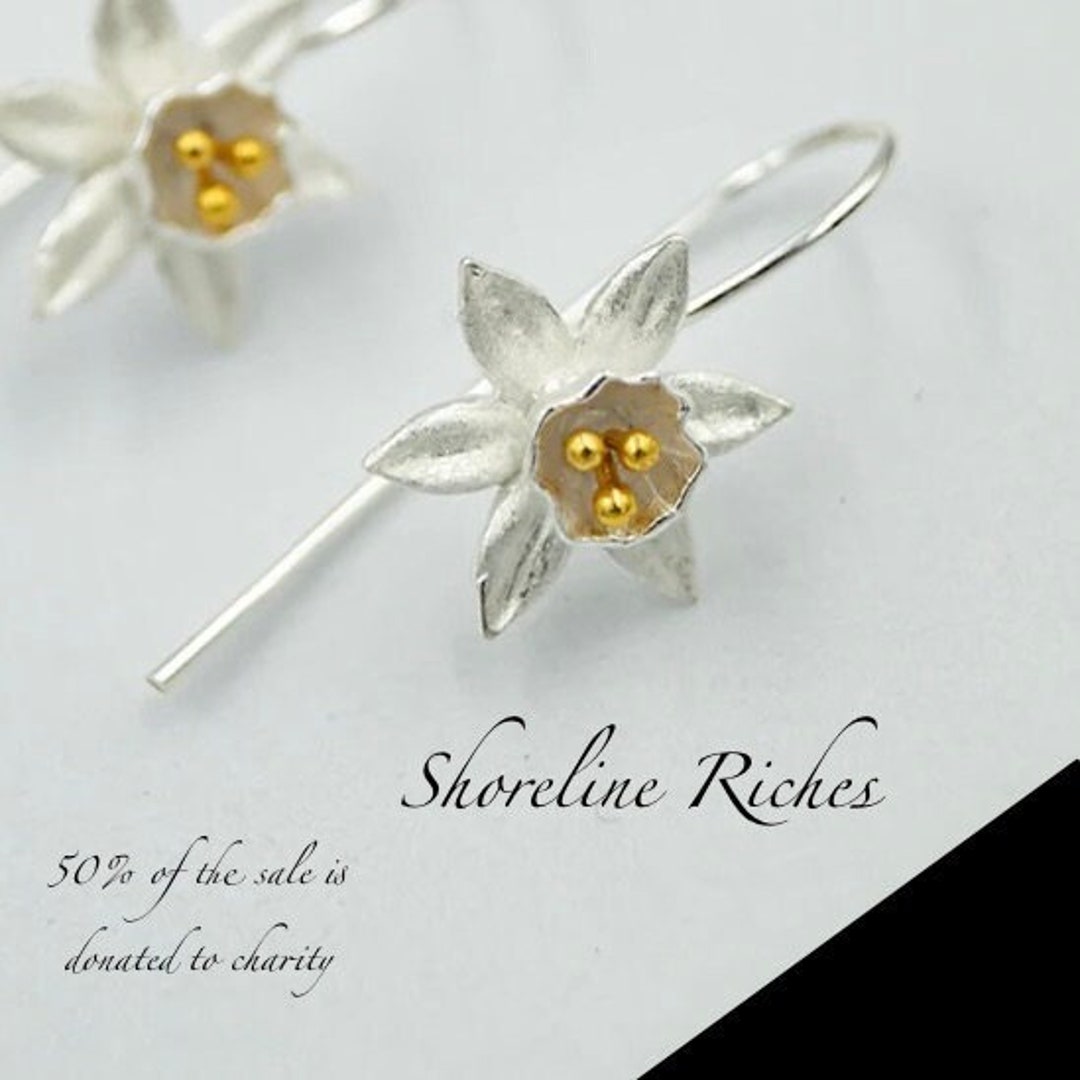 DAFFODIL Long Stem Earrings Sterling Silver Hallmarked With S925 50% of the Sale Will Be Donated ...