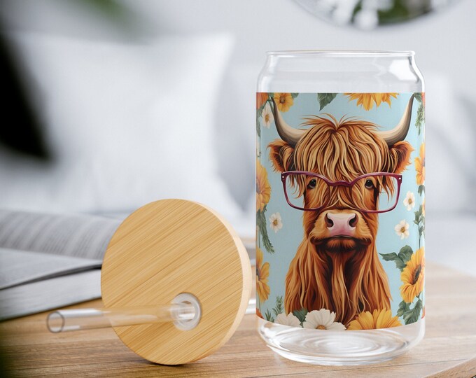 Highland Cow Cactus Iced Coffee Glass Cup With Lid and Straw, Cactus ...