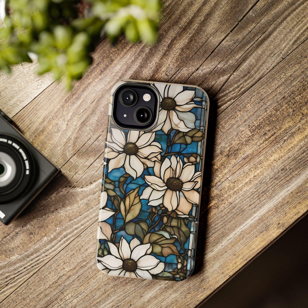 Magnolia Floral Stained Glass Phone Case, Dark Floral Stained Glass ...
