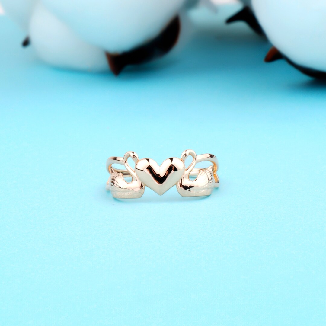 Swans and Heart Ring 14k Gold Swan Ring Rose Gold Dainty Swan Lovers ...