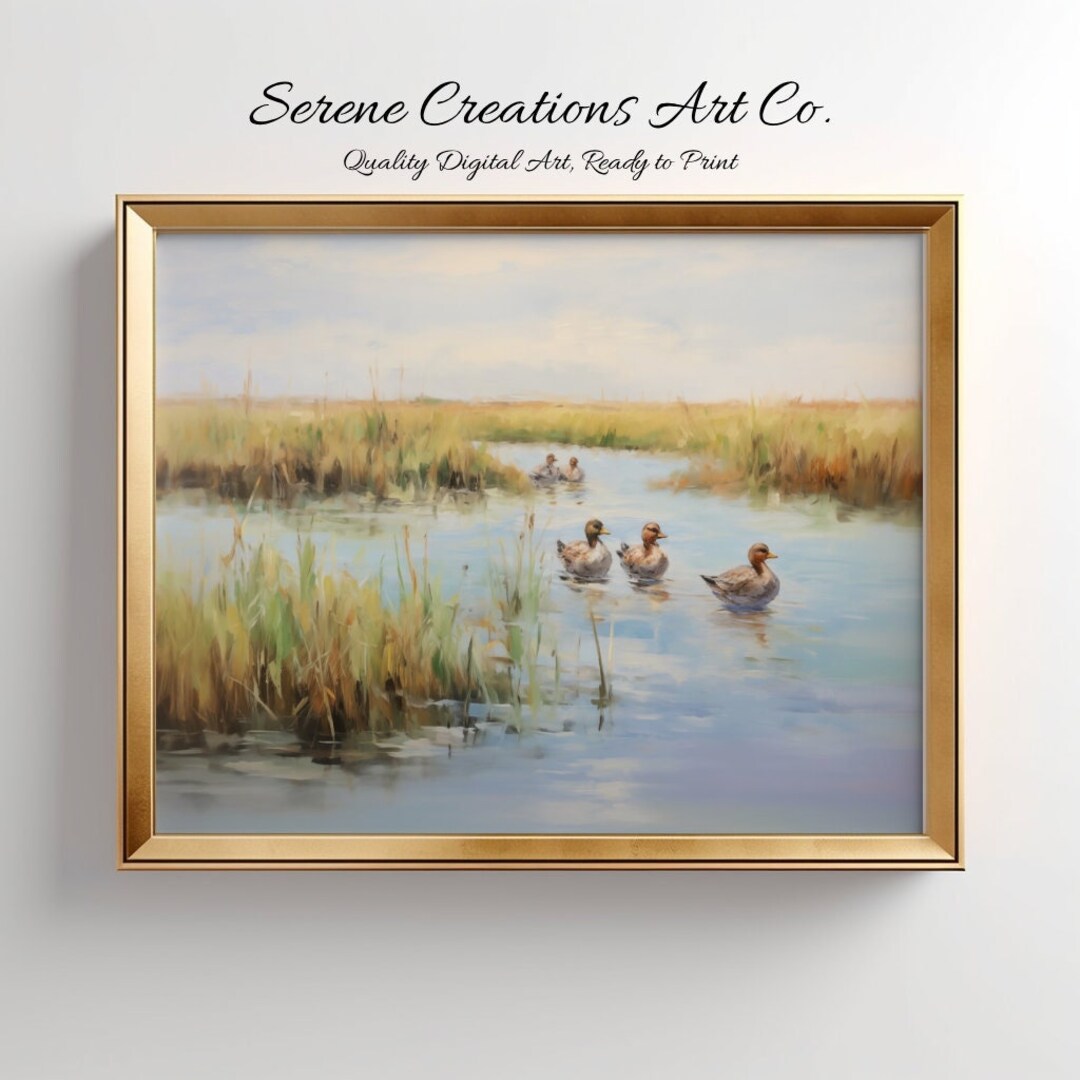 Printable Landscape, Ducks in a Pond, Vintage Style, Oil Painting, Calm ...