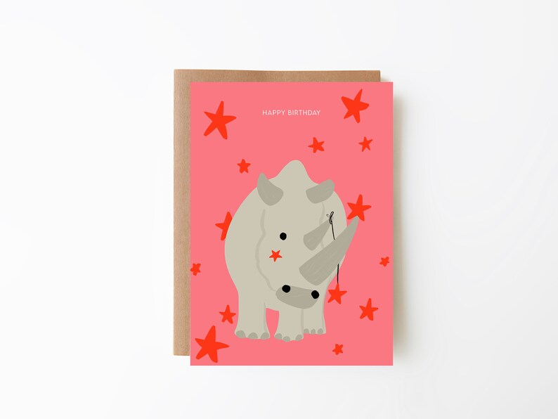 Rhino Birthday Card Rhino Pink Background With Stars Charming Hand ...