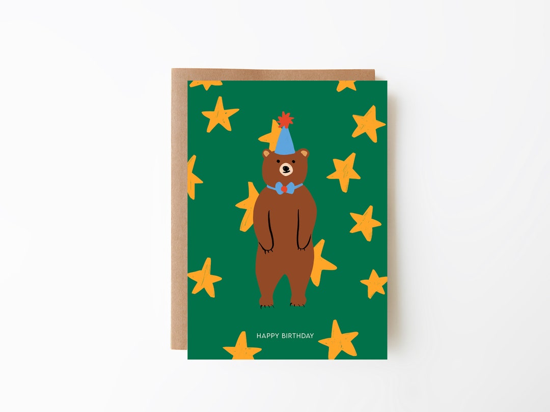 Bear Birthday Card Grizzly Bear Yellow Stars on Green Background ...