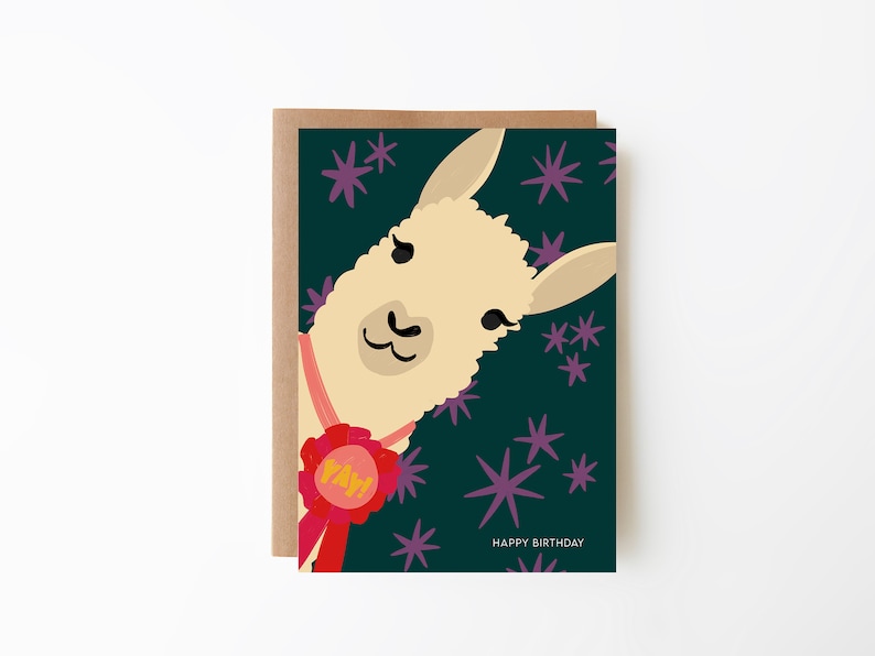 Llama Birthday Card Llama Dark Green Background With Stars Charming ...