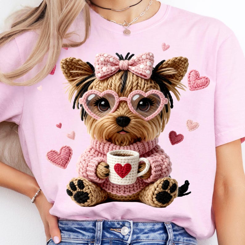 Faux Yarn Chunky Crochet Valentine Yorkie PNG, Chunky Knit Coquette ...