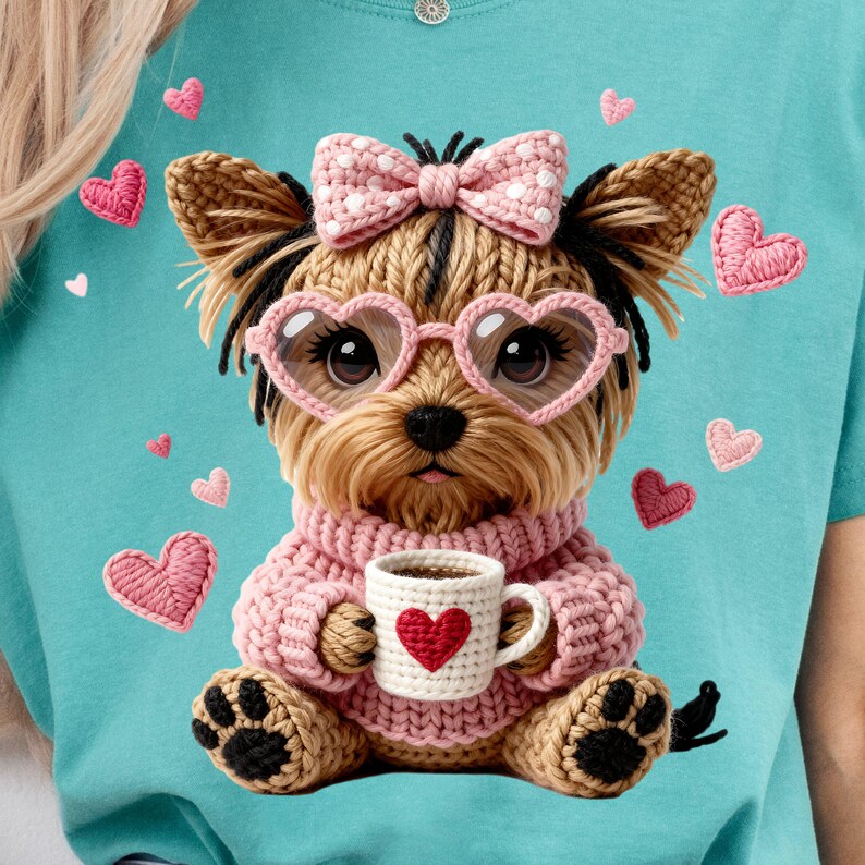 Faux Yarn Chunky Crochet Valentine Yorkie PNG, Chunky Knit Coquette ...