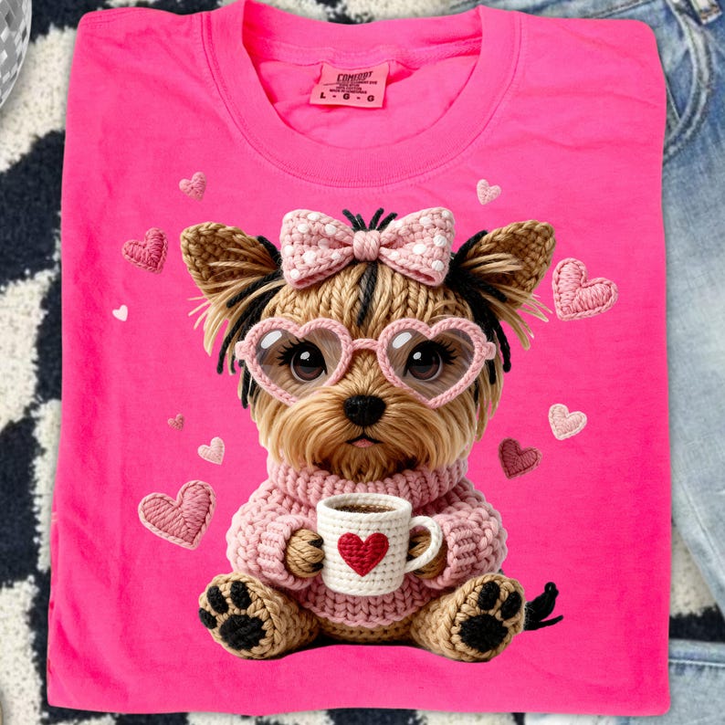 Faux Yarn Chunky Crochet Valentine Yorkie PNG, Chunky Knit Coquette ...