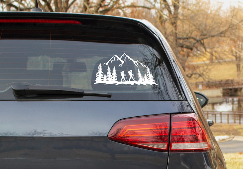 Hiker Couple in Trees and Mountains Wilderness Vinyl Decal Car Bumper ...