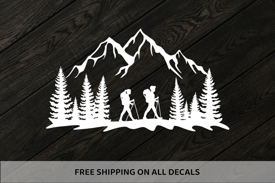 Hiker Couple in Trees and Mountains Wilderness Vinyl Decal Car Bumper ...