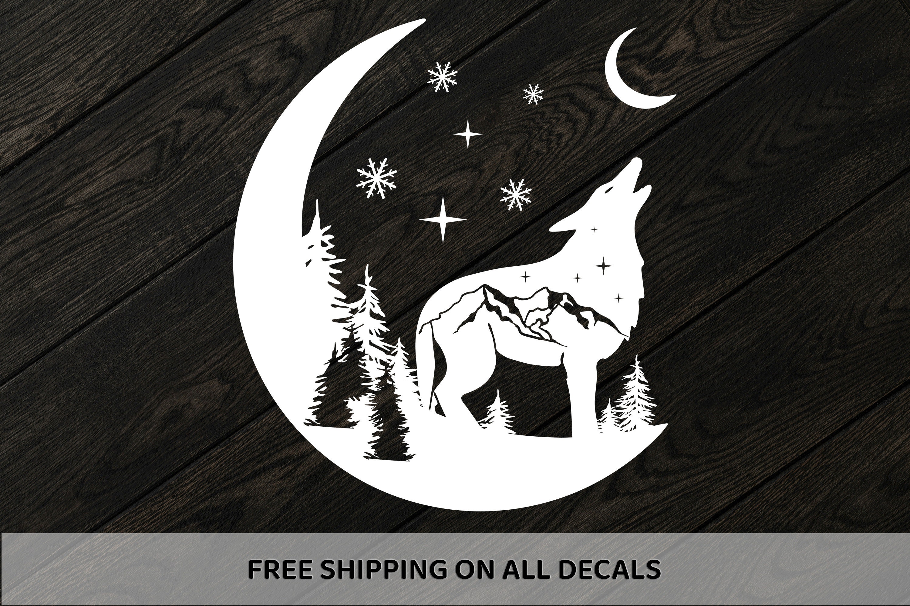 Wolf Moon Forest Mountains Stars Vinyl Decal Wilderness Adventure Car ...