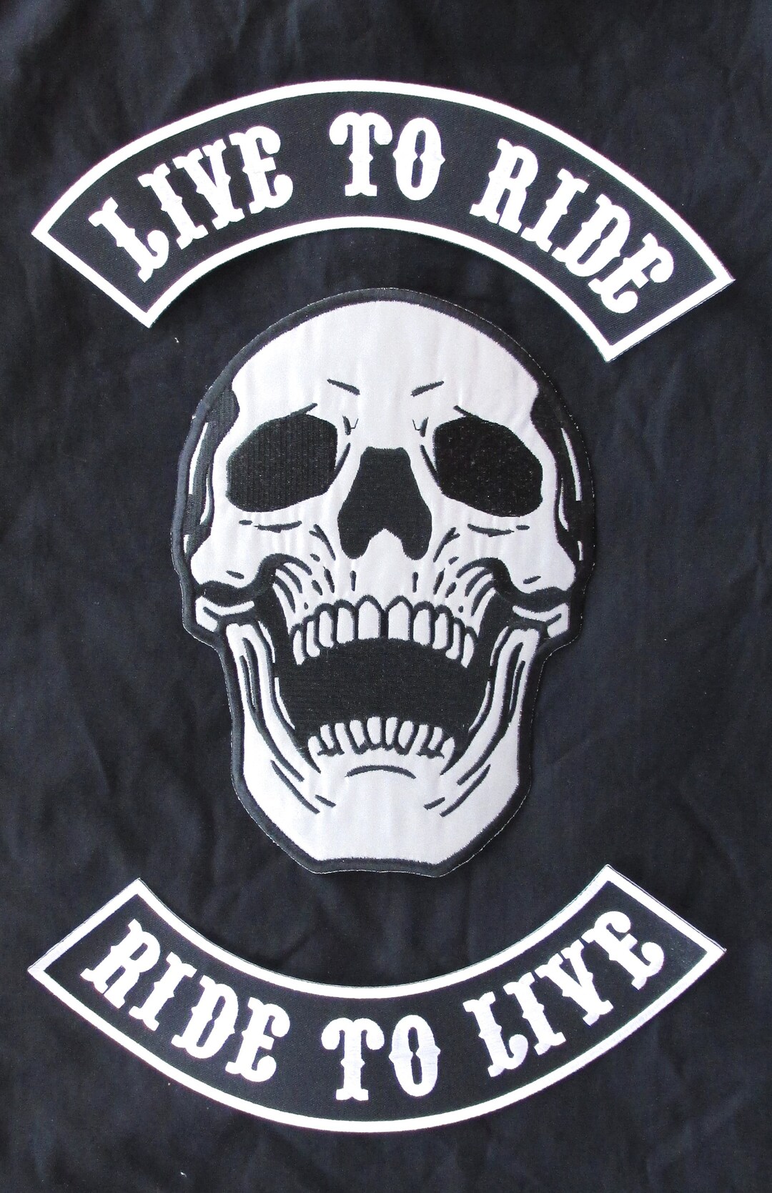 Reflective Skull Live to Ride Ride to Live White Rocker XXL Sew on ...