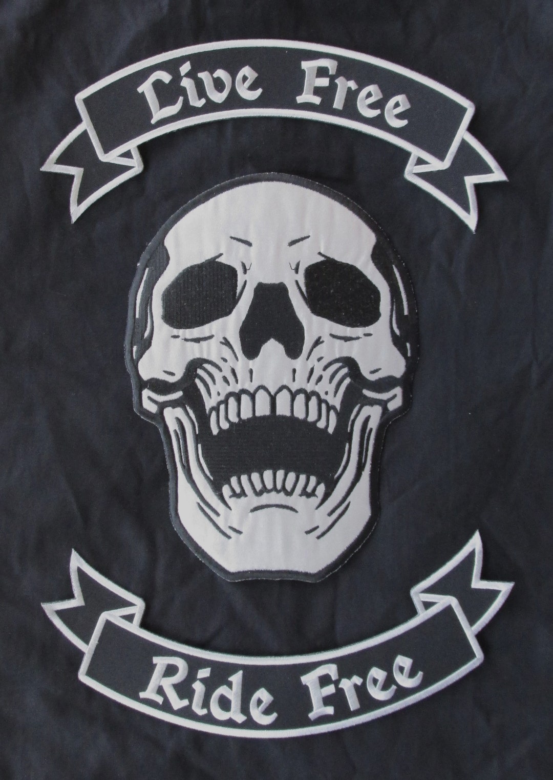 Reflective Skull Live Free Ride Ride Free Gray Rocker XXL Sew on Patch ...