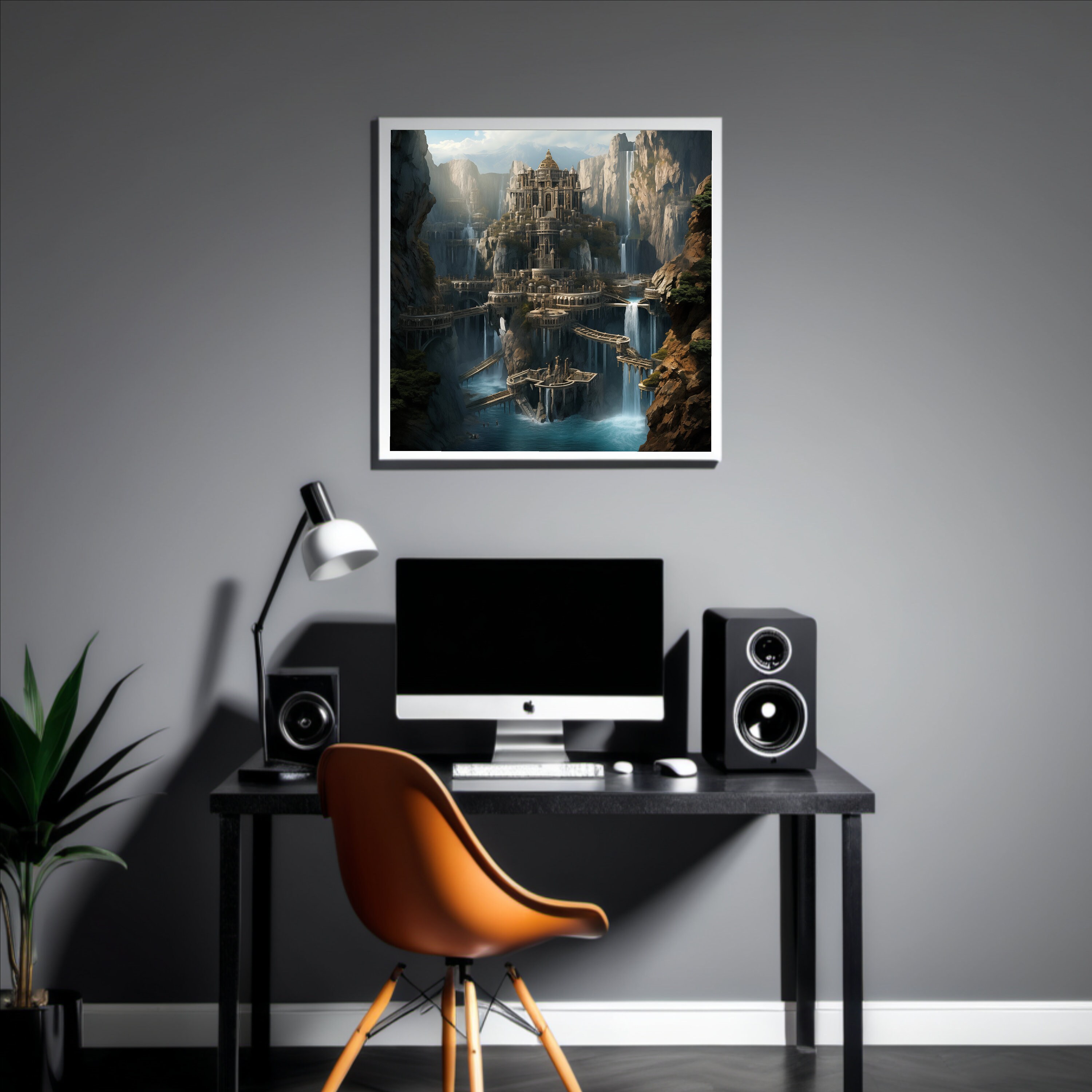 A Dwarven Citadel Architectural Painting With Waterfalls Coming Out of ...