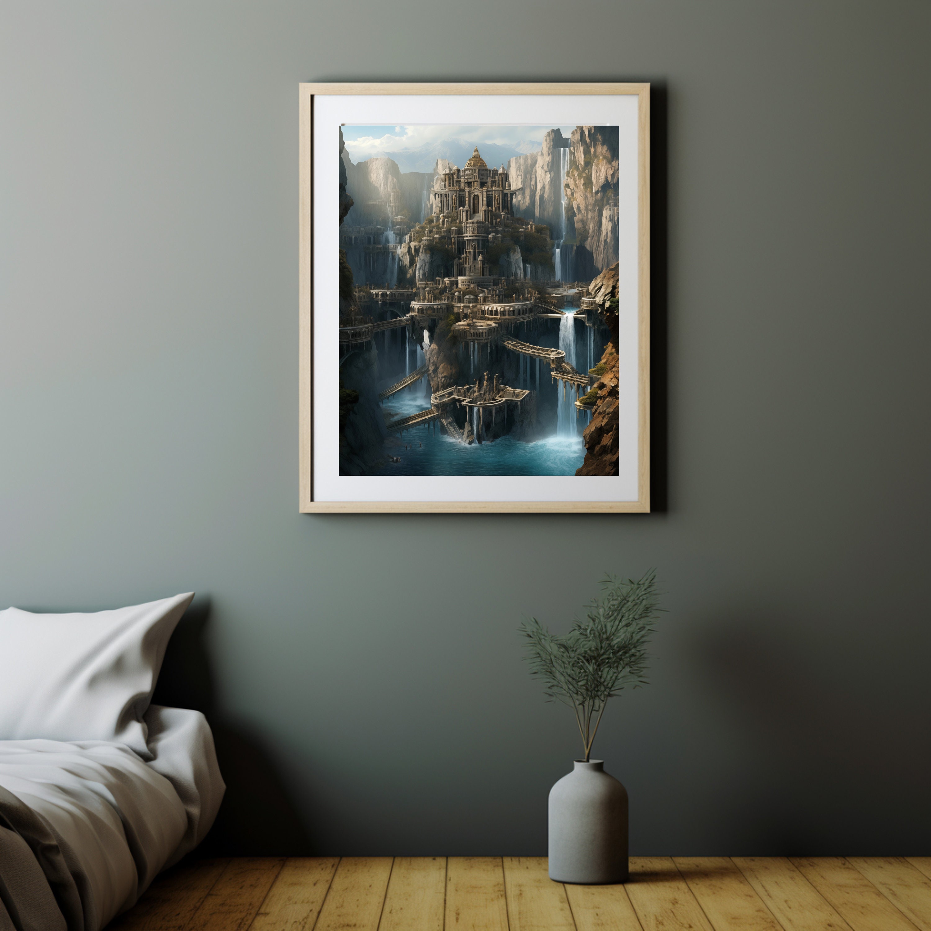 A Dwarven Citadel Architectural Painting With Waterfalls Coming Out of ...