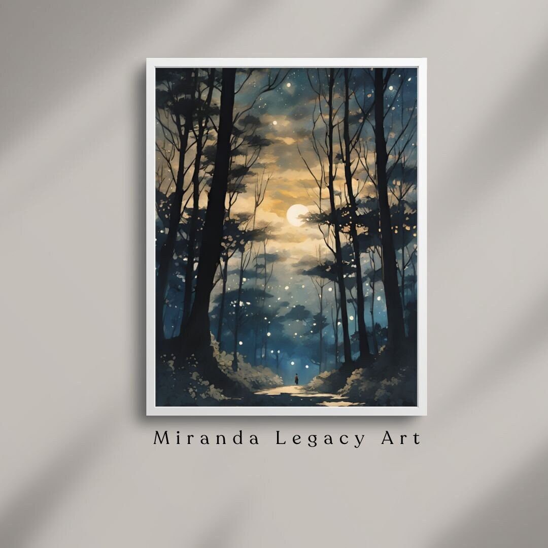 Celestial Moonlight, at a Distance, a Geisha Strolling in the Forest ...