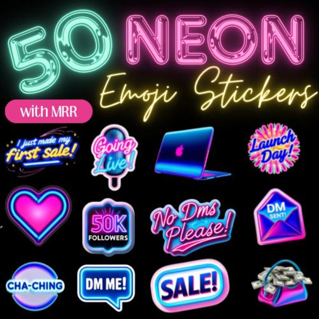50 Neon Bright and Colorful Emoji Stickers | Digital Download for ...