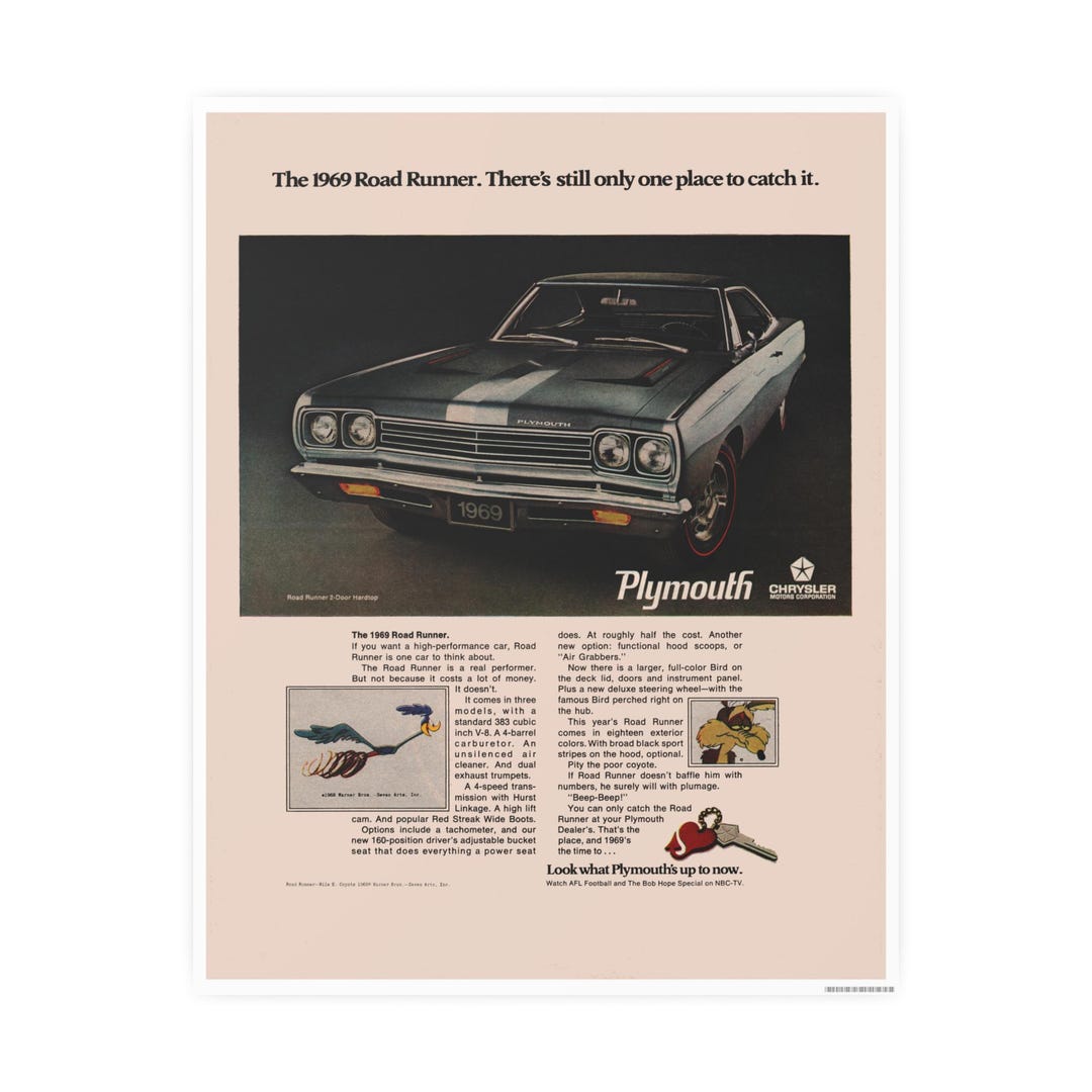 1969 Plymouth Road Runner Vintage Car Art Print Poster, Retro Wall ...