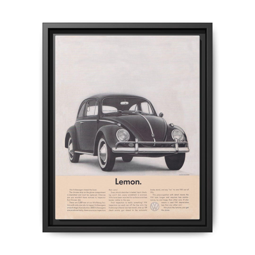 1960 Vintage Volkswagen Beetle - Lemon Ad Matte Canvas Framed | Retro ...