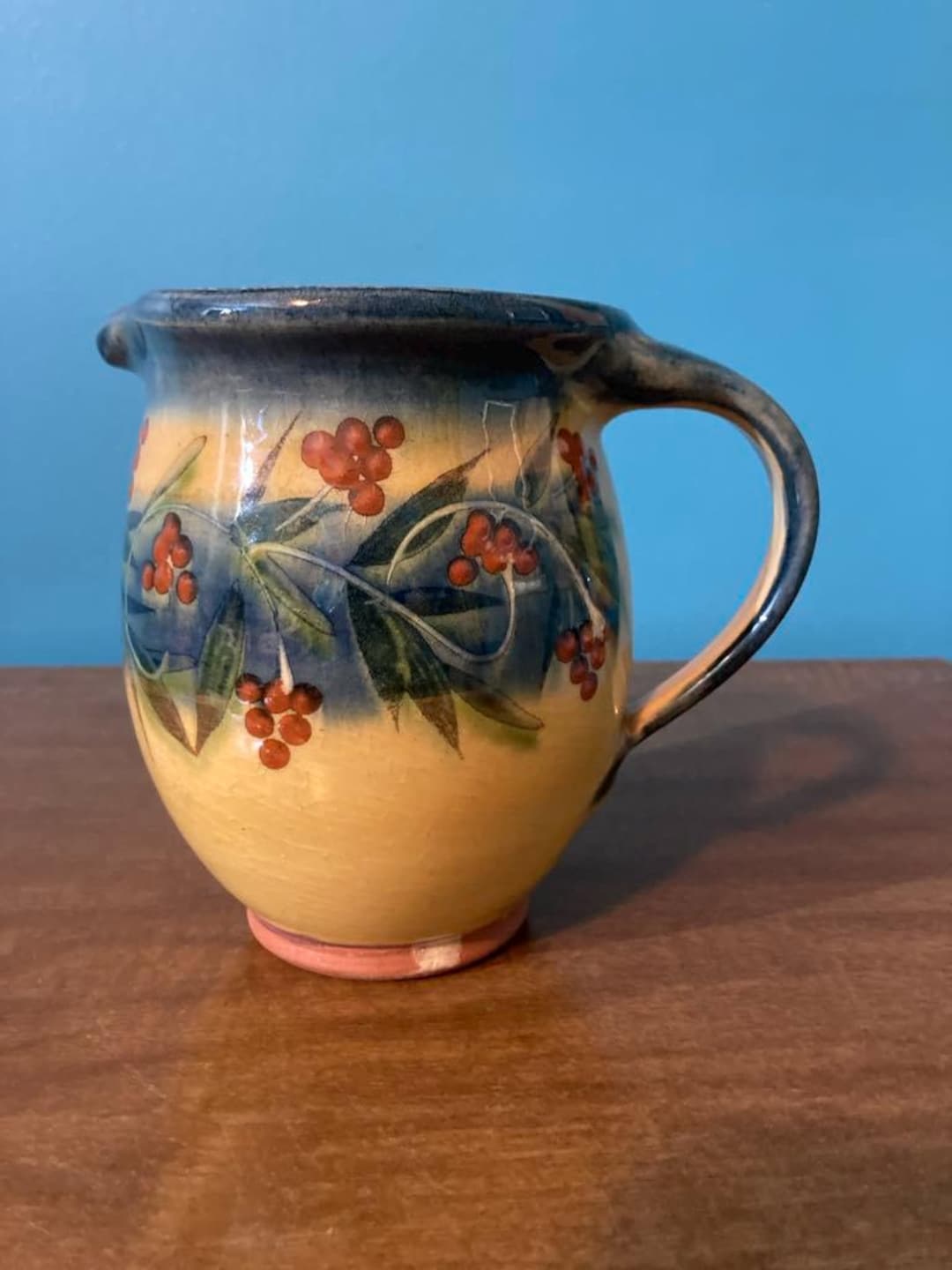 French Studio Pottery Pitcher – Hand-painted Floral Jug, Rustic ...