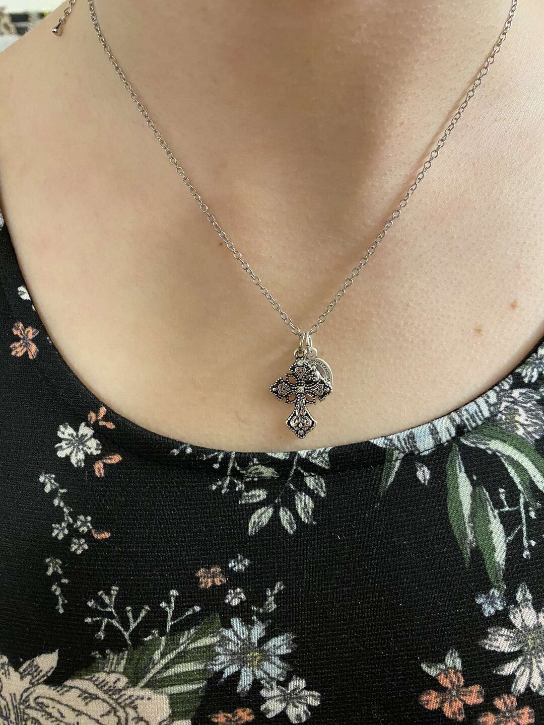Silver Cross Necklace, Miraculous Medal Pendant Necklace, Catholic ...