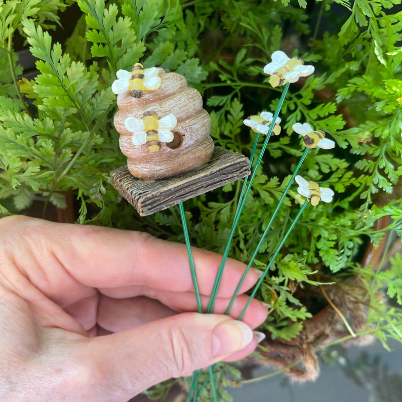 Miniature Beehive and Bees Set of Five Glow in the Dark Fairy Garden ...