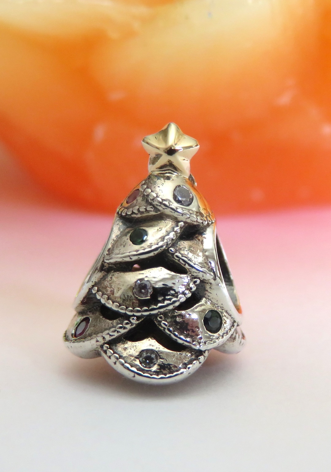 Pandora Two Tone 14k Gold Festive Tree Christmas Multi Colored CZ Charm ...