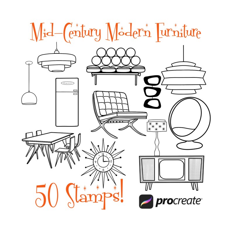 Retro MCM Mid-century Furniture Vintage Atomic Procreate Brush Stamps ...